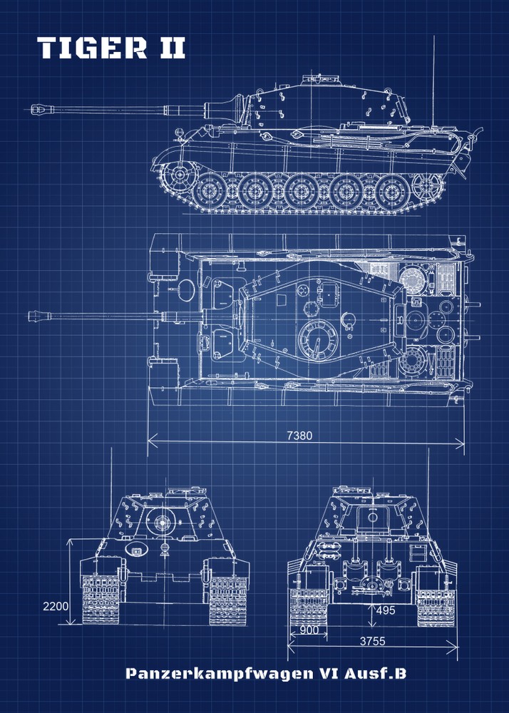 Tiger 2 II Main battle tank blueprint poster WW2 Germany army blue ...